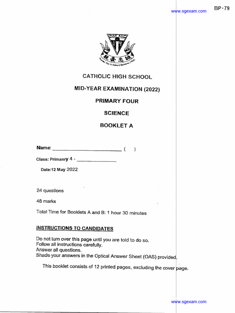 2022 P4 Science Semestral Assessment 1 Catholic High | PDF