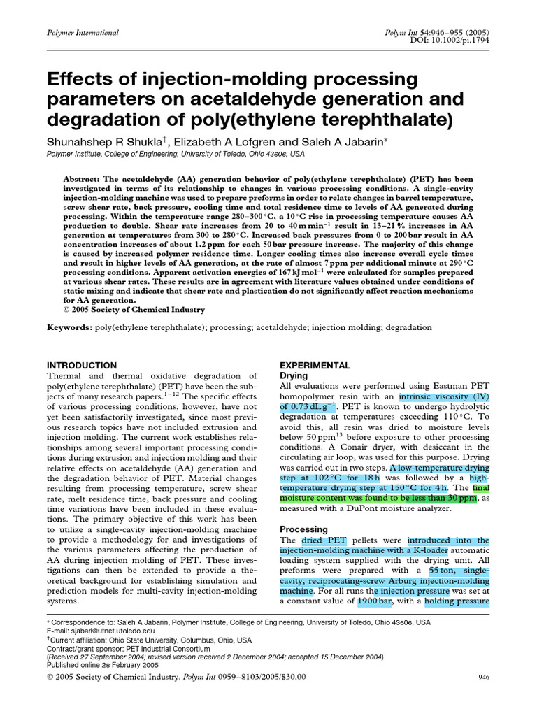Effects of Injection-Molding Processing Parameters On Acetaldehyde ...