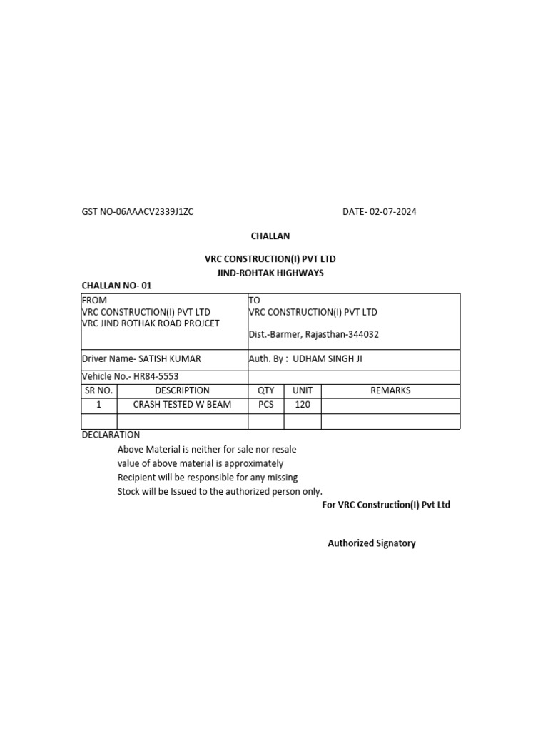 VRC Construction Challan Details | PDF