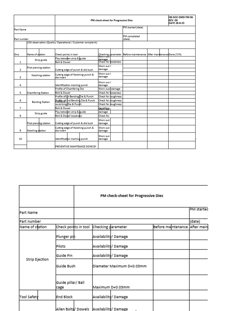 Progressive Dies PM Check-Sheet | PDF | Screw