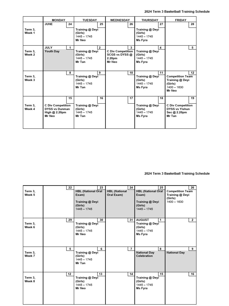 2024 T3 Basketball Training Schedule v1 | PDF