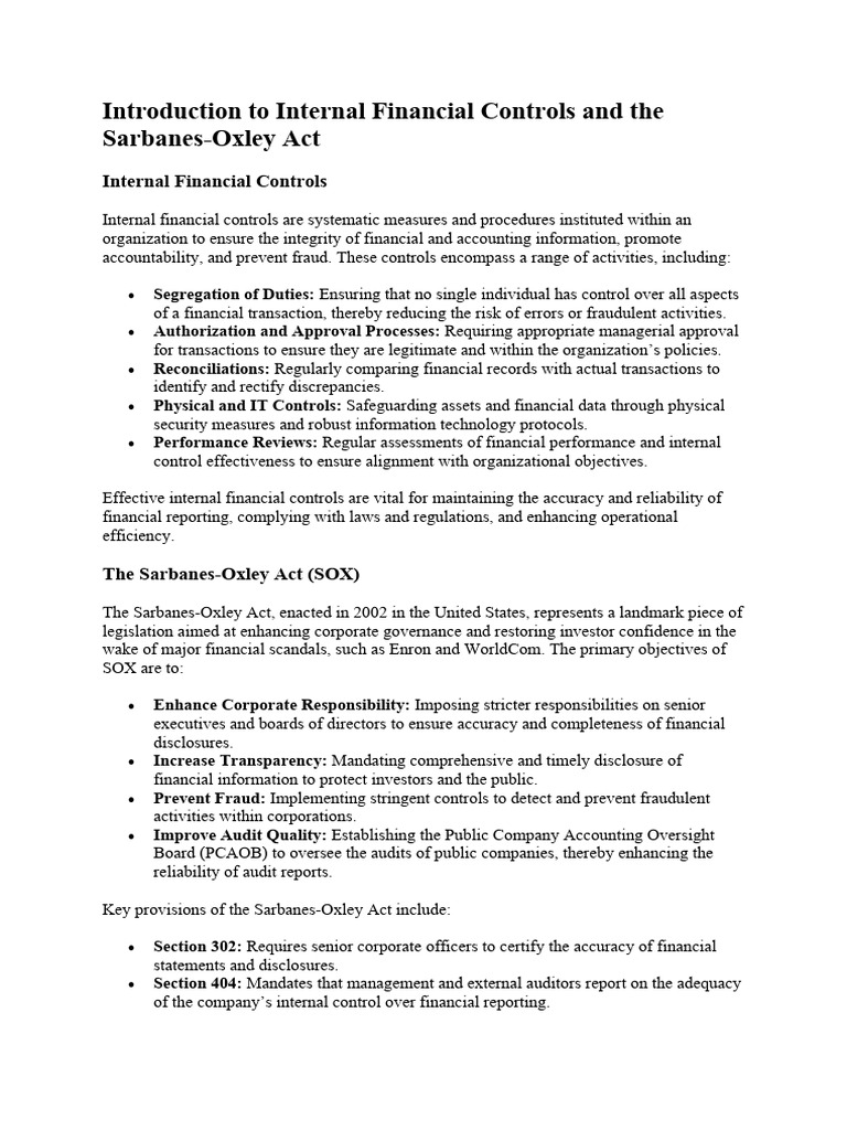 Introduction To Internal Financial Controls and The Sarbanes | PDF ...