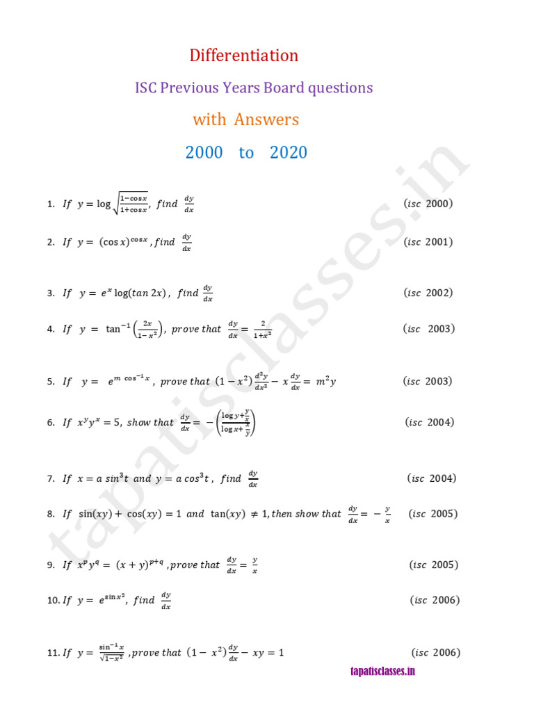 ISC Differentiation Questions 2000-2020 | PDF | Teaching Methods ...