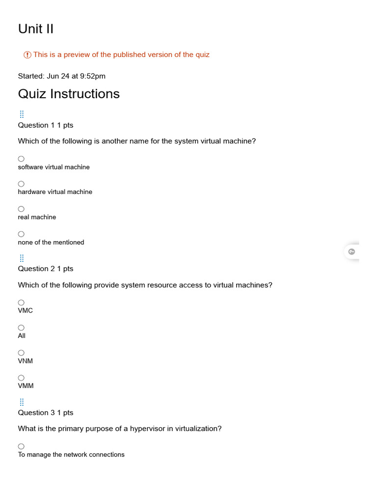 Quiz_ Unit II | Download Free PDF | Virtualization | Virtual Machine