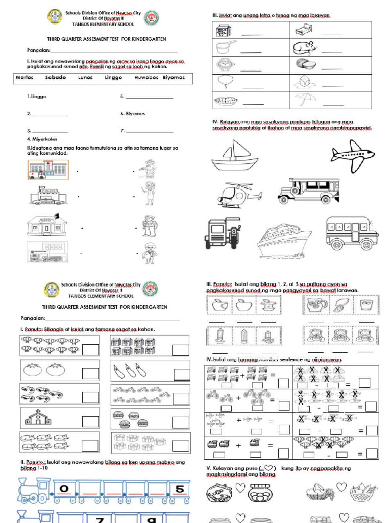 3rd Quarter Assessment Kindergarten | PDF