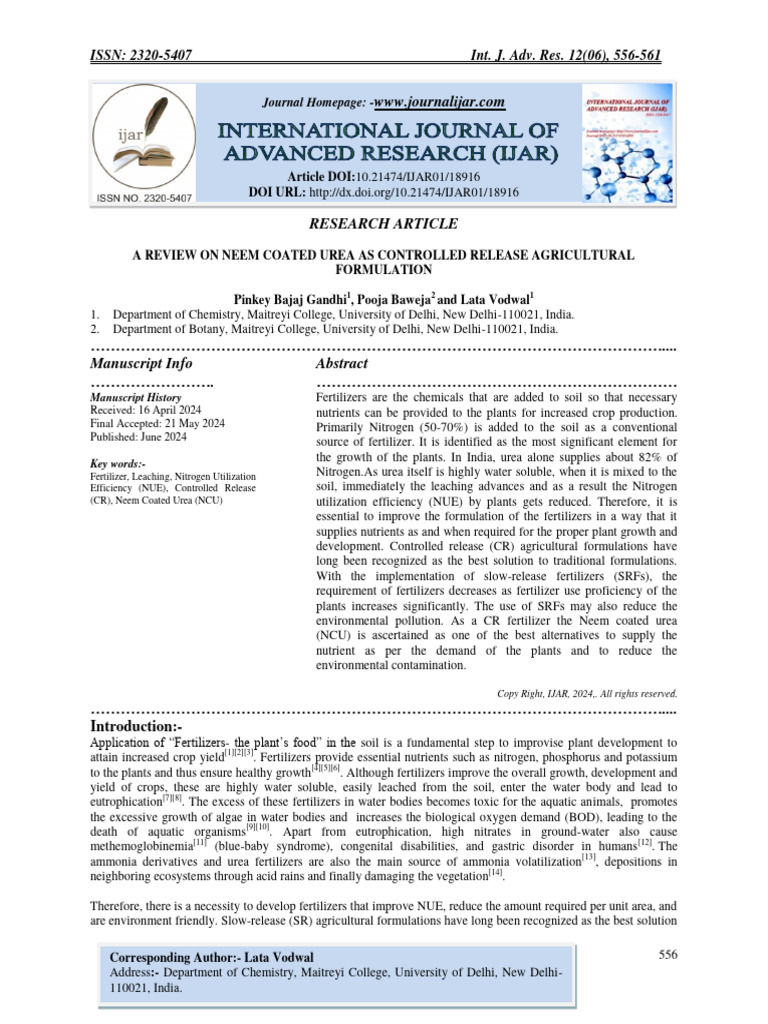A Review On Neem Coated Urea As Controlled Release Agricultural ...