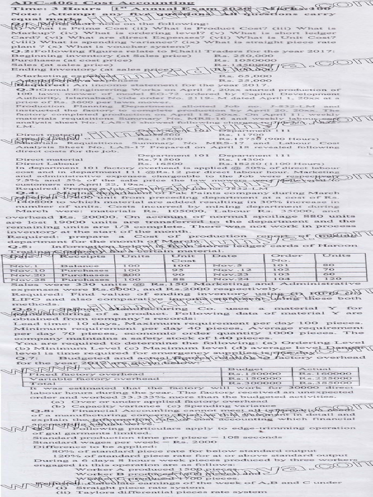 Past Paper B Com Part II University of Sarghoda Cost According 2020 | PDF