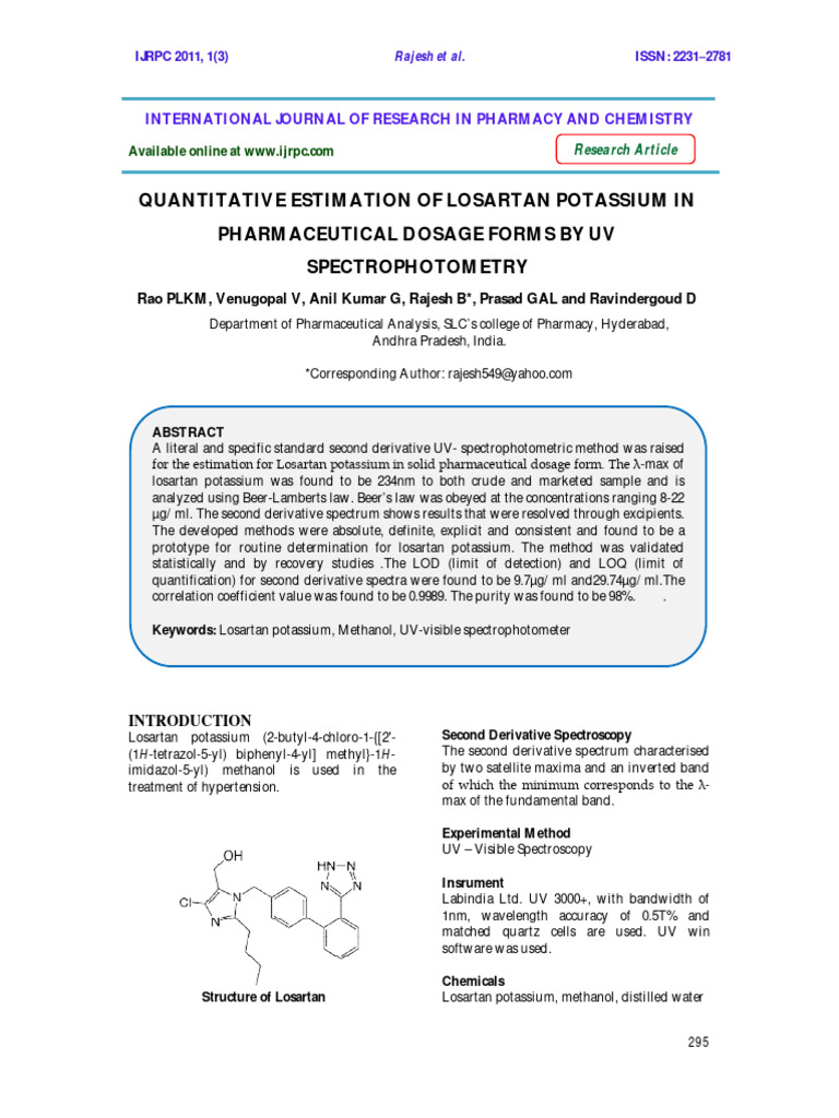 Quantitative Estimation of Losartan Potassium in Pharmaceutical Dosage ...