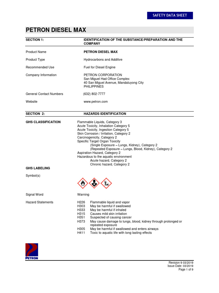 SDS Petron Diesel MAX | PDF | Dangerous Goods | Toxicity