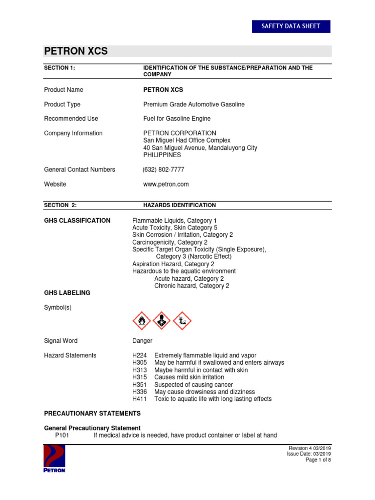 SDS Petron XCS | PDF | Dangerous Goods | Toxicity