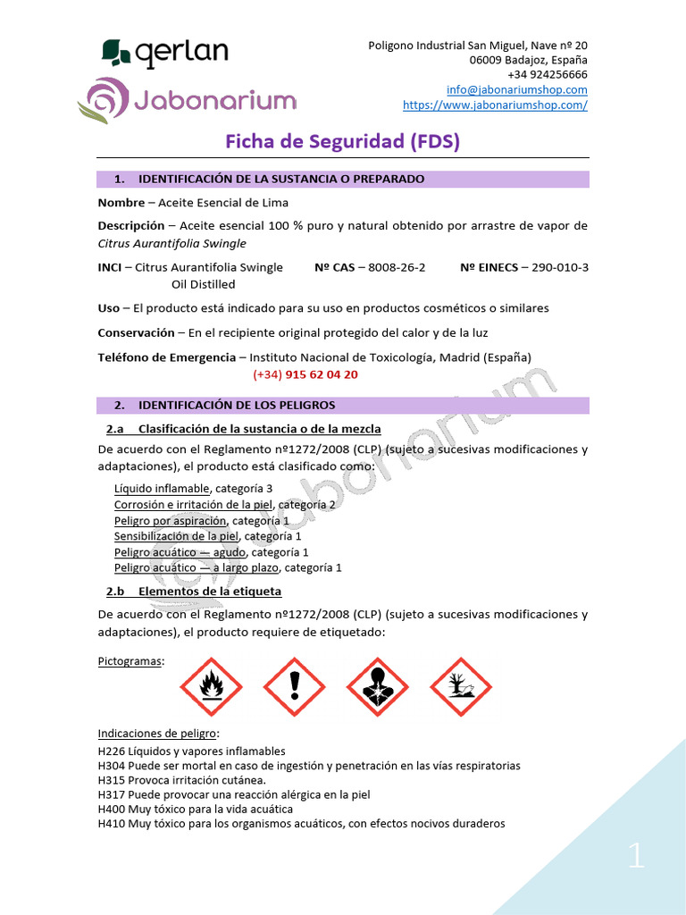 Ficha de Seguridad Fds Aceite Esencial de Lima | PDF | Agua | Toxicidad