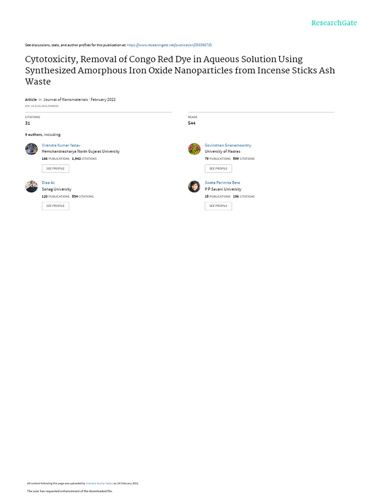 Cytotoxicity Removalof Congo Red Dyein Aqueous Solution | PDF | Adsorption | Materials Science