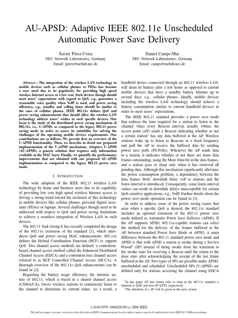 AU-APSD: Adaptive IEEE 802.11e Unscheduled Automatic Power Save Delivery | PDF | Ieee 802.11 ...