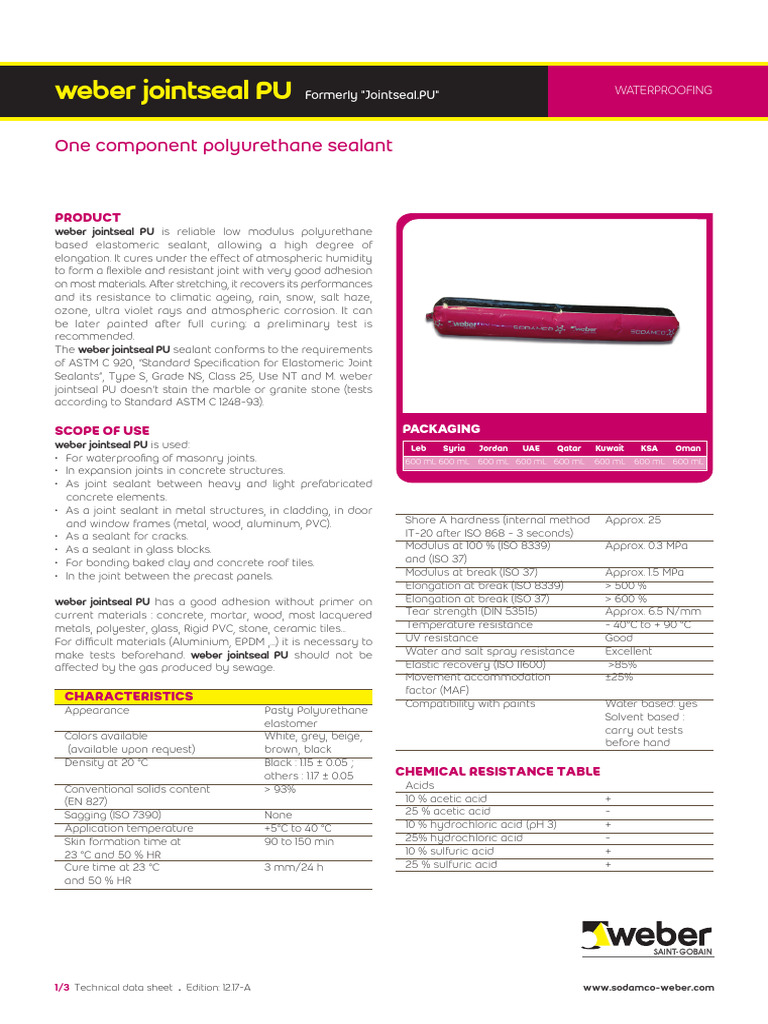 TDS Weber Jointseal PU | PDF | Concrete | Polyurethane
