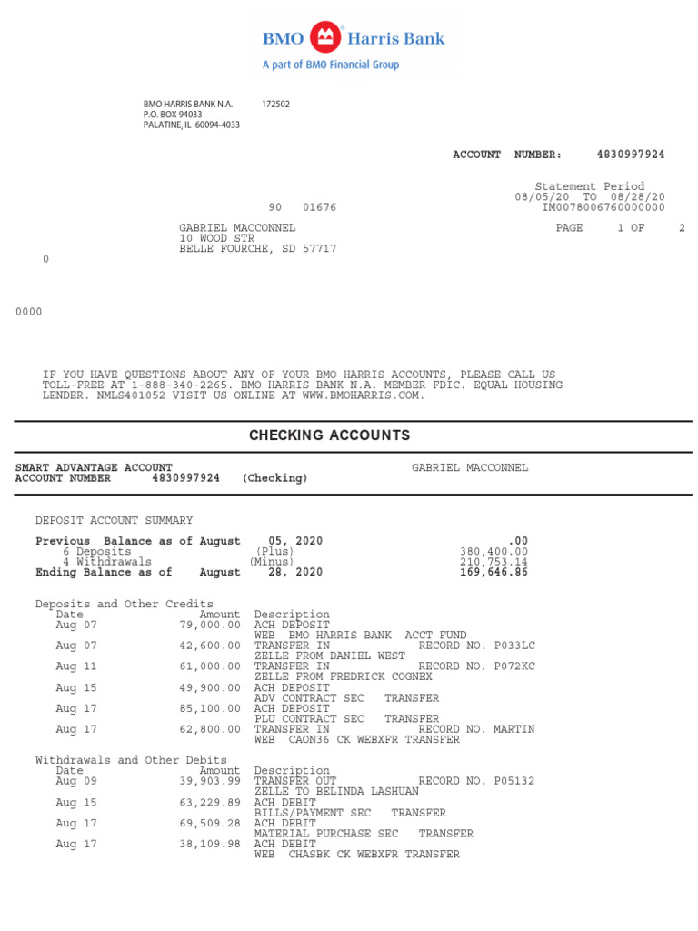 New Bmo Harris Bank Statement | PDF | Automated Clearing House | Money