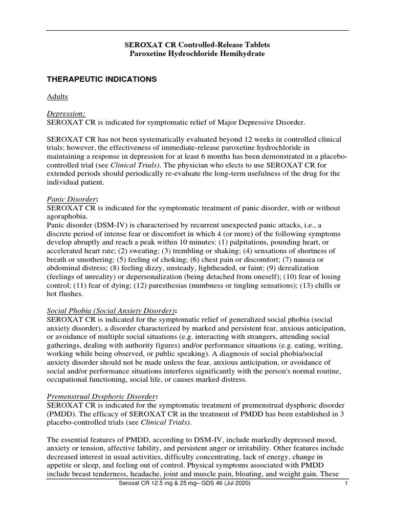 Seroxat CR: Uses, Dosage, and Indications | PDF | Selective Serotonin ...