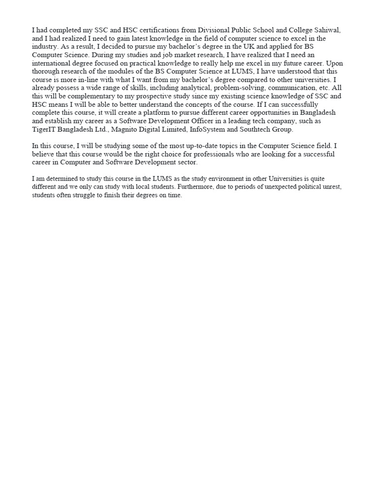 Pursuing BS in Computer Science at LUMS | PDF