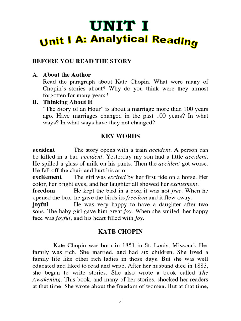 1 - Reading Skills - The Story of An Hour | PDF | Linguistics