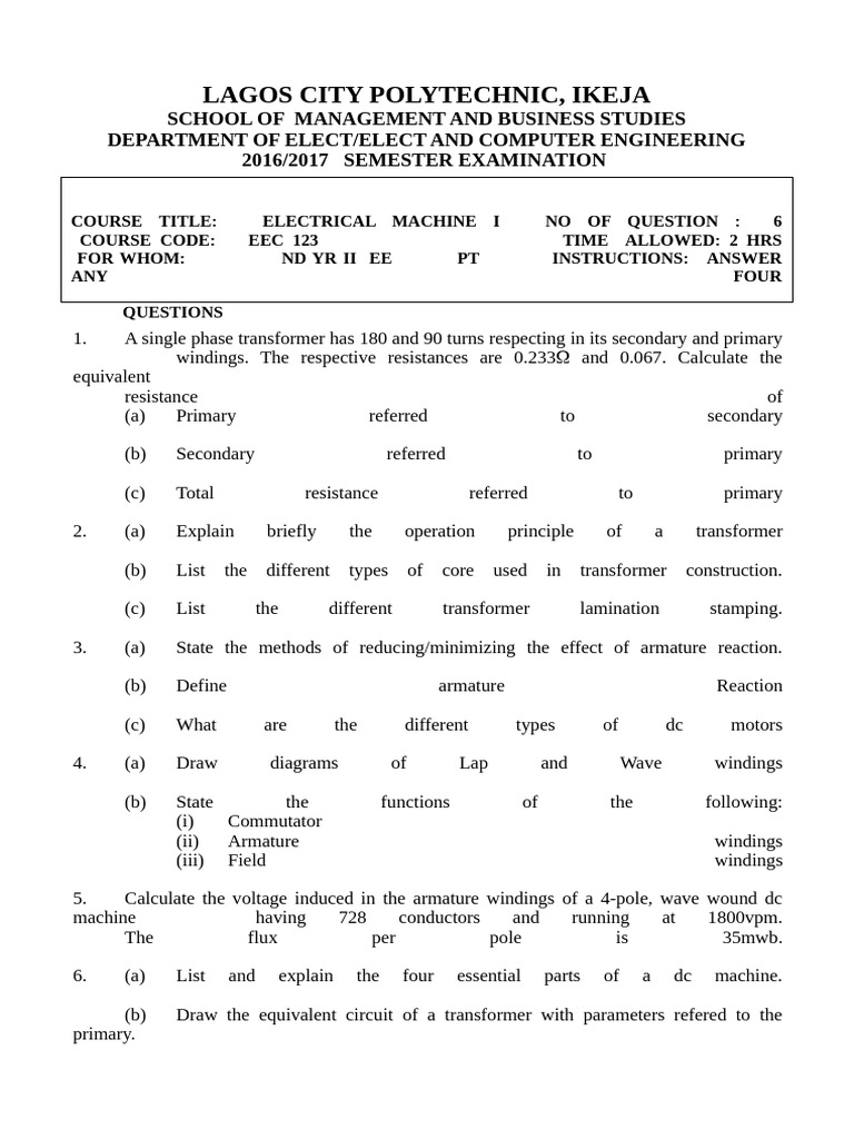 Electrical Machine I Eec 123 ND Yr Ii Ee | PDF | Transformer ...