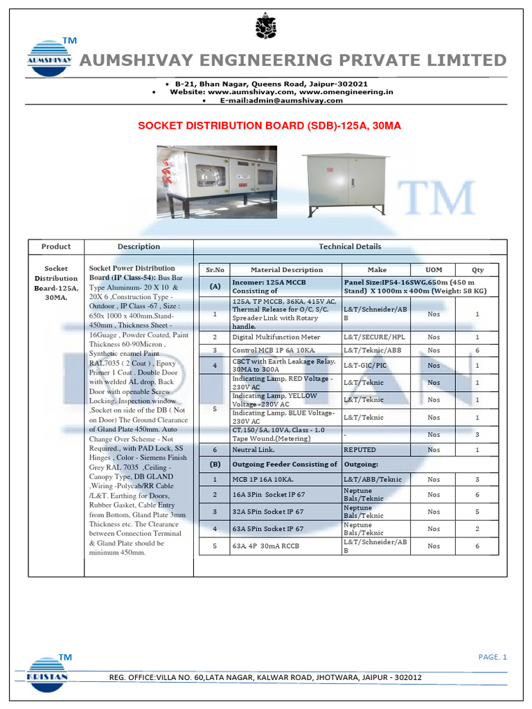 Supply Socket Distribution Board 125A | PDF | Electrical Equipment ...