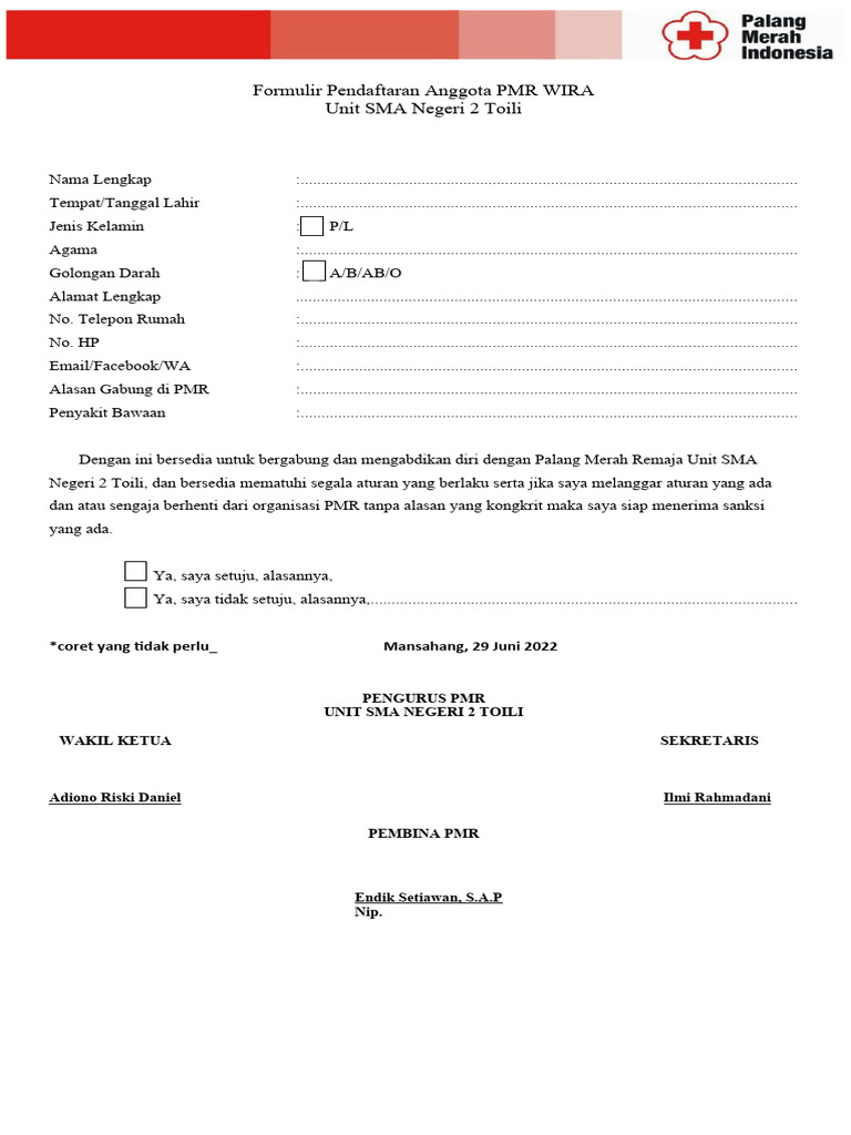 Formulir Pendaftaran Anggota PMR WIRA | PDF