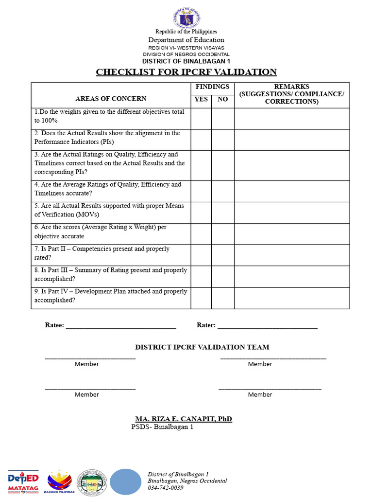Checklist For Ipcrf Validation | PDF | Business