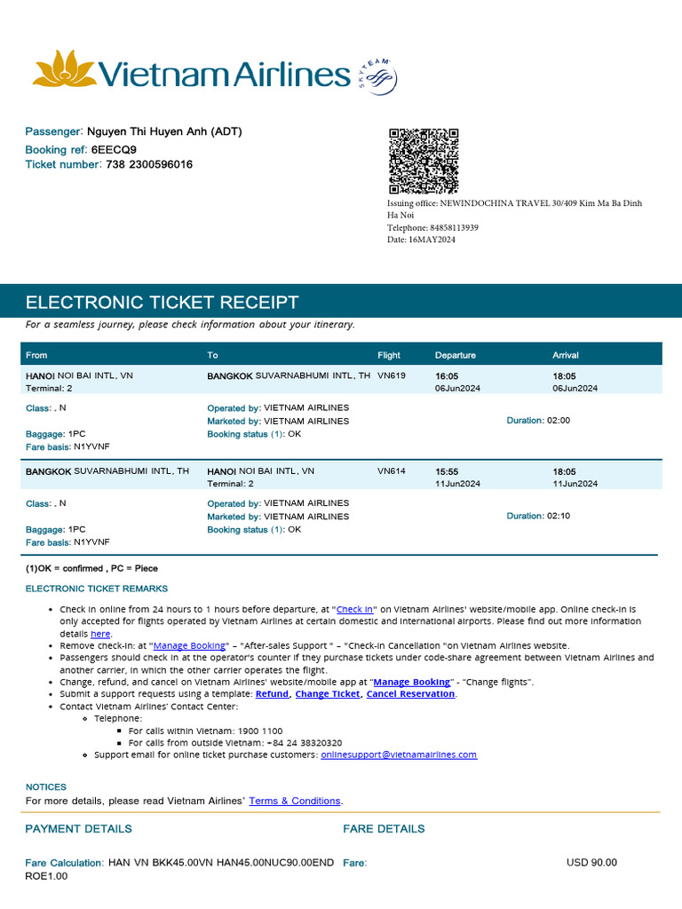 Electronic Ticket-Emd Receipt 06jun For Thi Huyen Anh Nguyen | PDF