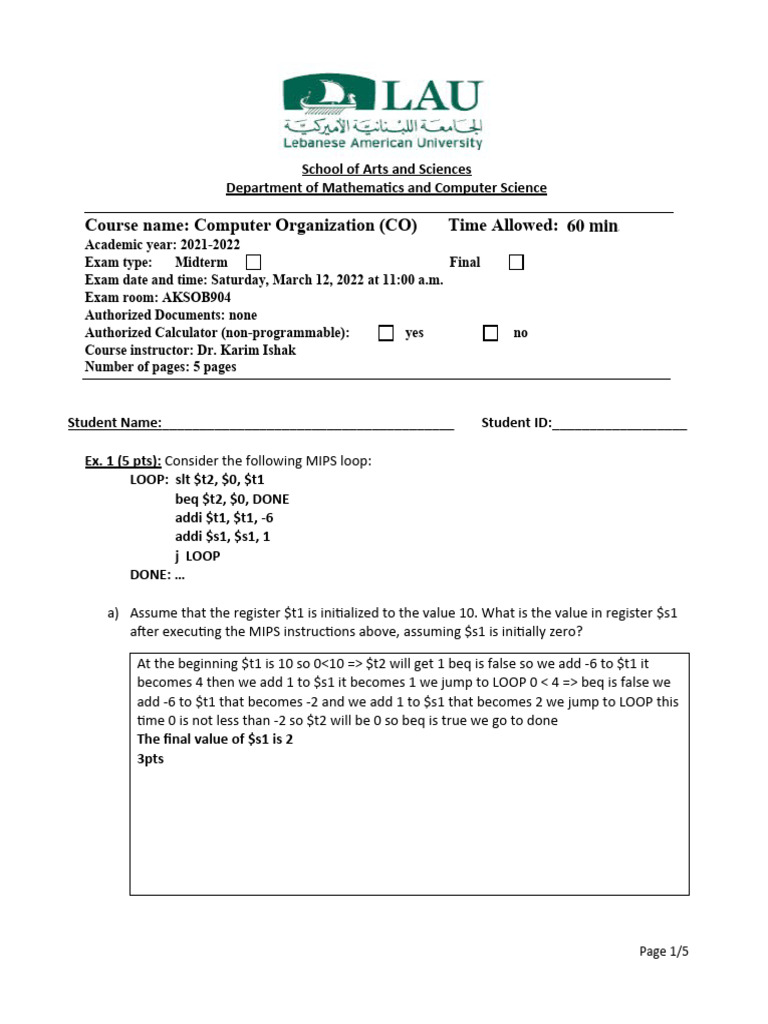 Midterm Spring 21-22 With Solution | PDF | Central Processing Unit | Computer Science