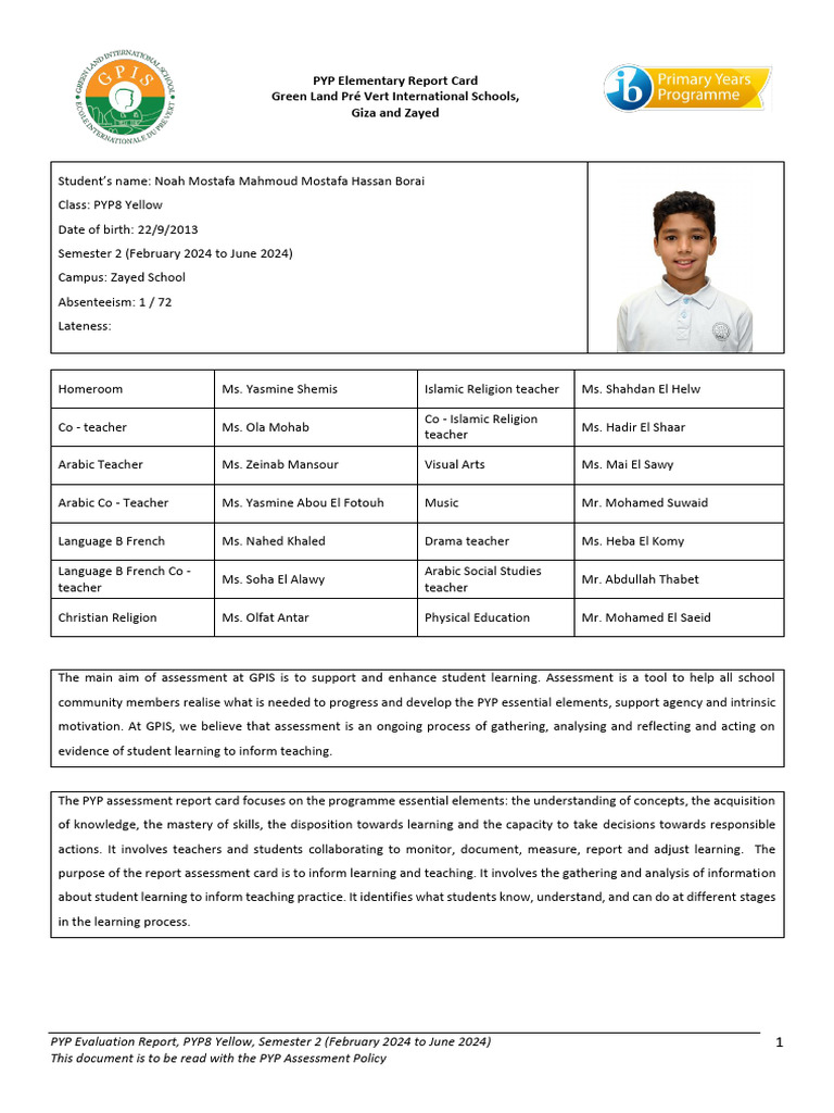 PYP Elementary Report Card Green Land Pré Vert International Schools ...
