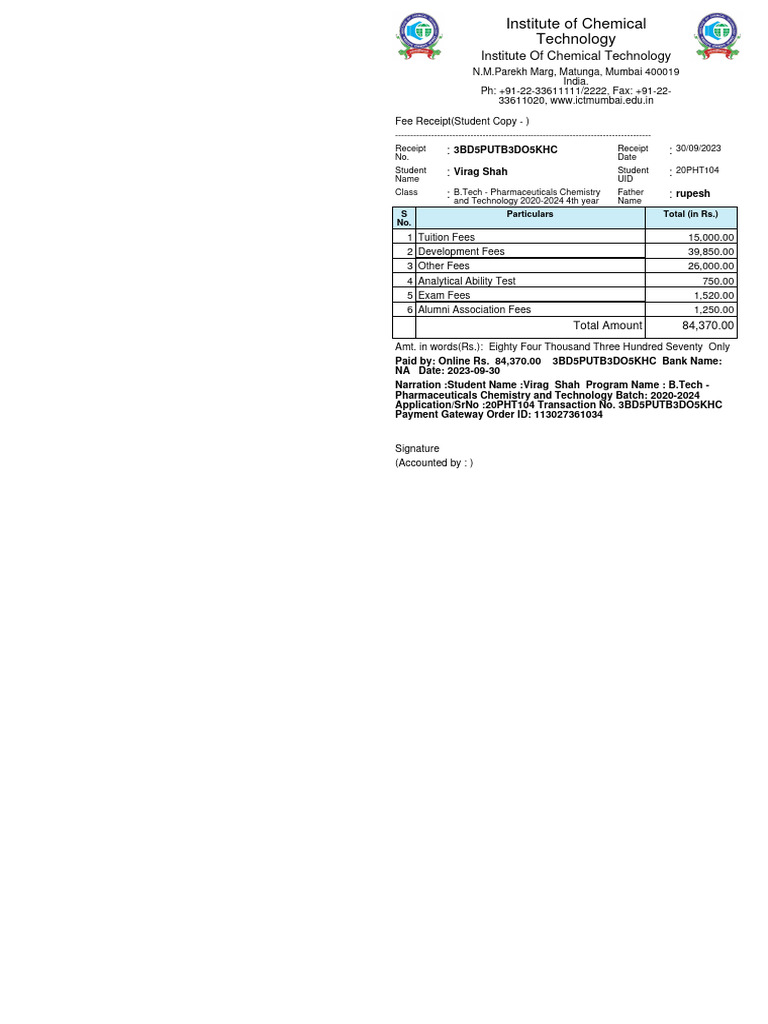 Fee Receipt for B.Tech Student Virag Shah | PDF | Technology & Engineering