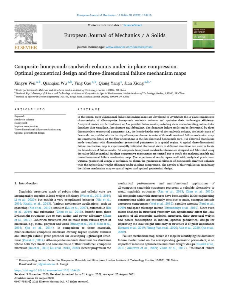 Composite Honeycomb Sandwich Columns Under In-Plane Compression - Optimal Geometrical Design and ...