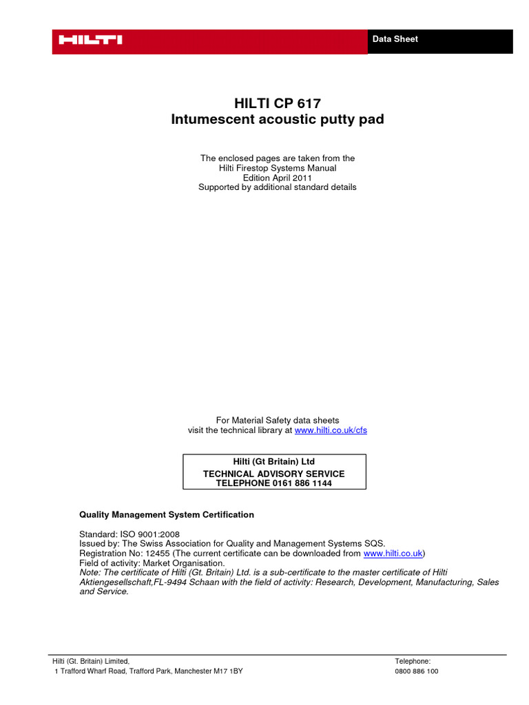 Hilti CP 617 Acoustic Putty Pad Data Sheet | PDF | Drywall | Green Building