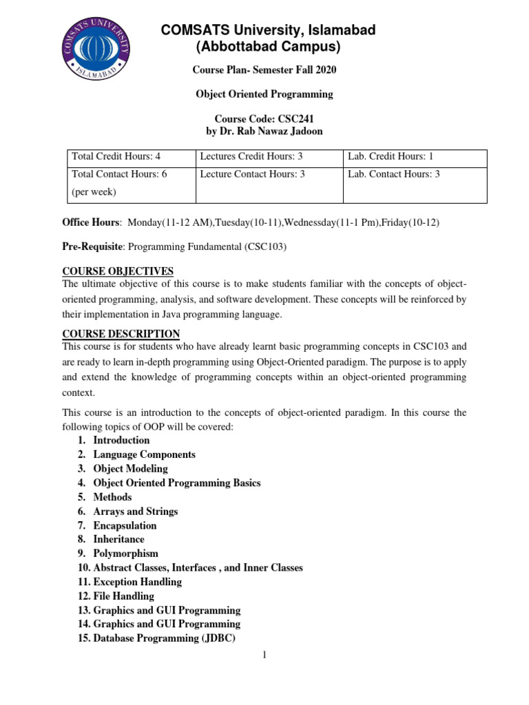 Course Plan Oop by Dr. Rab Nawaz Jadoon | PDF | Method (Computer Programming) | Class (Computer ...