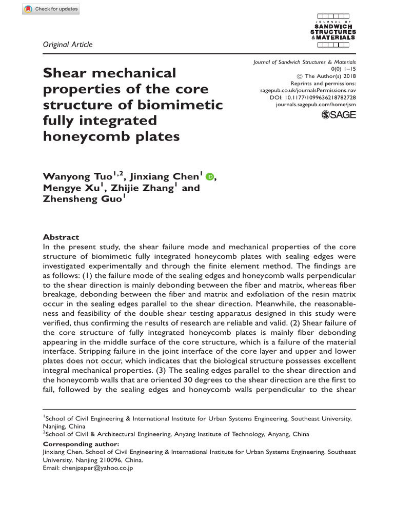 Shear Mechanical Properties of The Core Structure of Biomimetic Fully Integrated Honeycomb ...