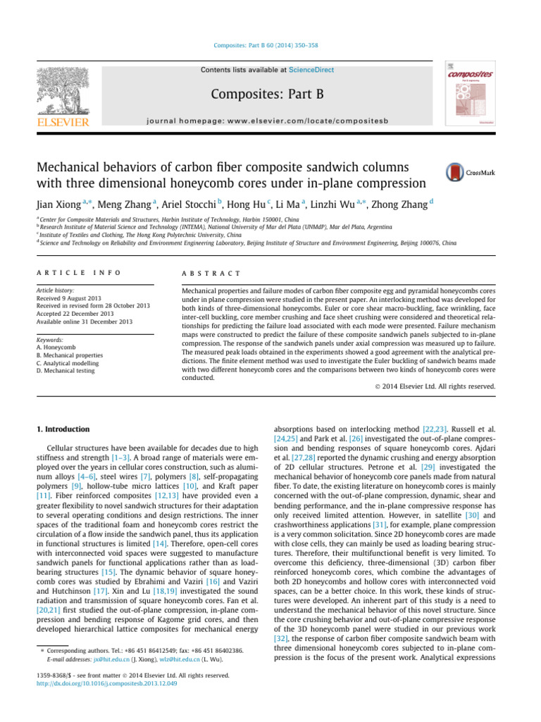 Mechanical Behaviors of Carbon Fiber Composite Sandwich Columns With Three Dimensional Honeycomb ...
