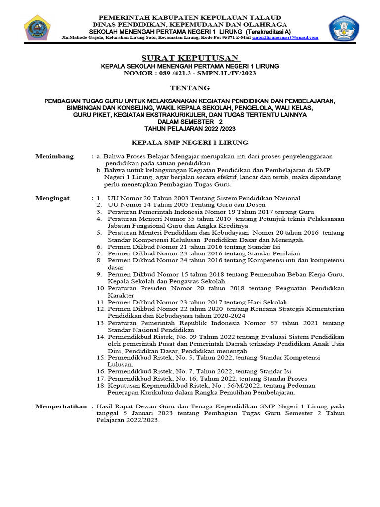 SK Pembagian Tugas Semester 1 T.P. 2022 2023 | PDF