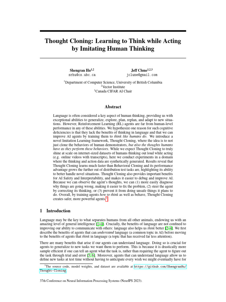 9085 Thought Cloning Learning To TH | PDF | Artificial Intelligence | Intelligence (AI) & Semantics