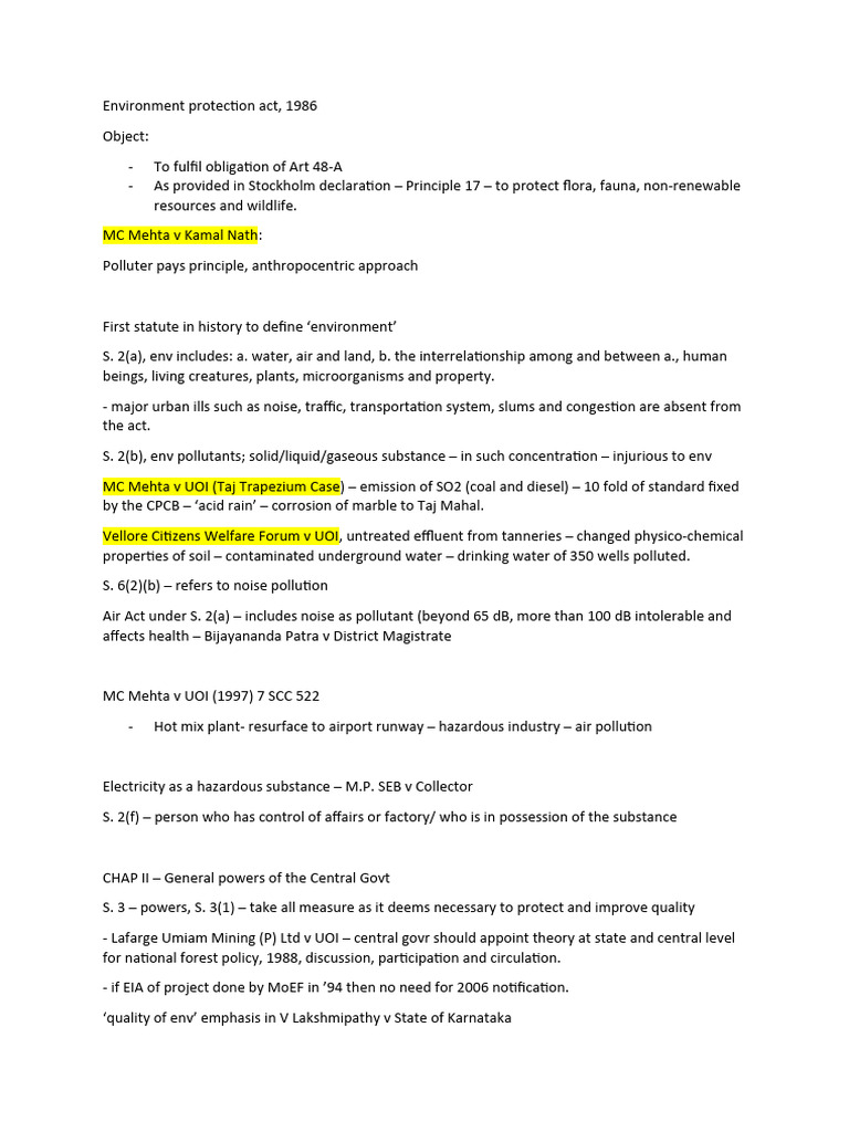 Environment Protection Act Notes | PDF | Environmental Impact ...