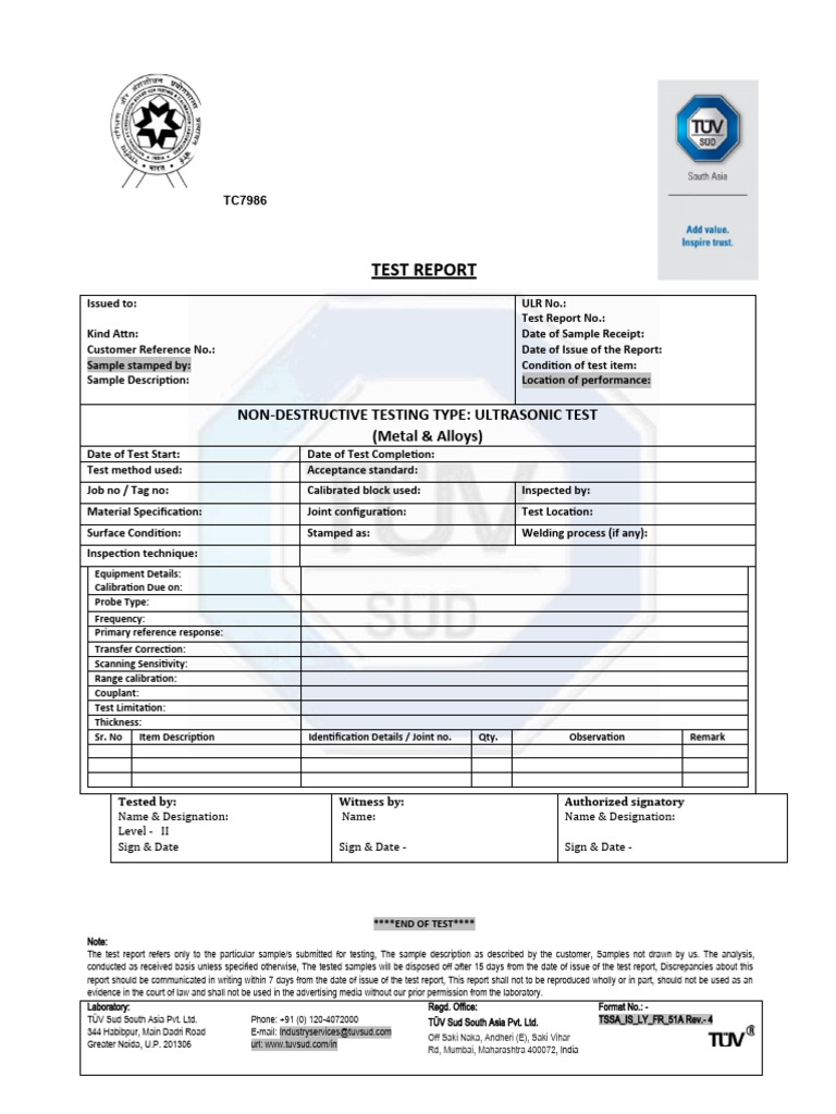 Ultrasonic Test Report Format | PDF | Ultrasound