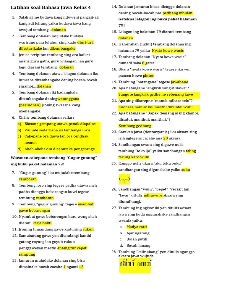 KUNCI Latihan SOAL B JAWA KELAS 4 PAT 2024 | PDF
