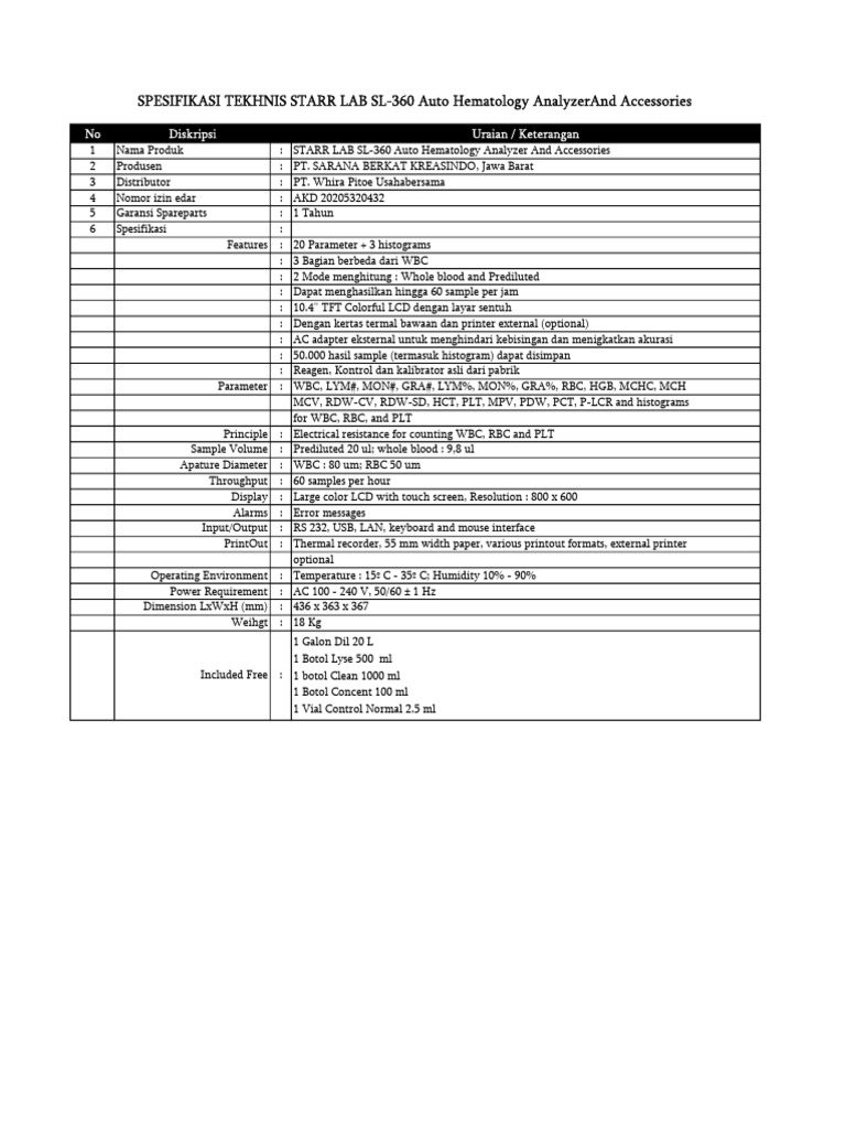 Spec Starlab SL-360 Hematologi Analyzer | PDF