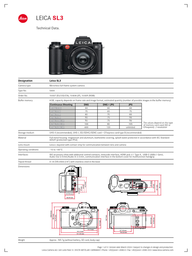 PM 108223 Leica sl3 - Technical Data - en | PDF | Autofocus | Exposure (Photography)