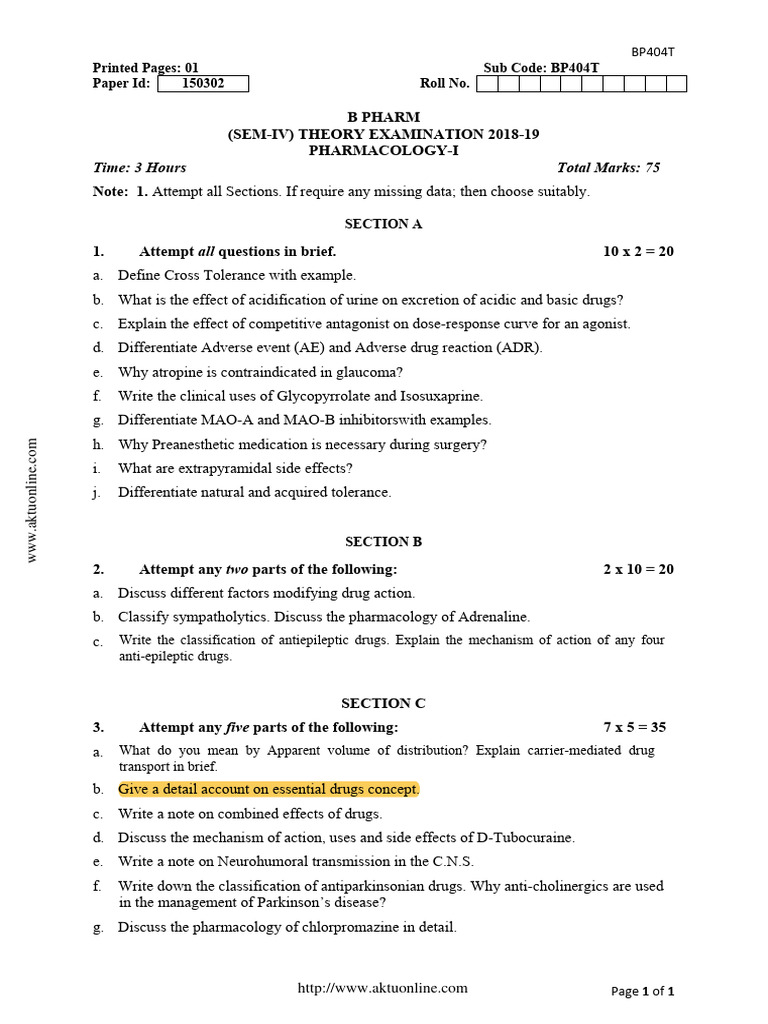 Bpharm 4 Sem Pharmacology 1 bp404t 2019 | PDF | Pharmacology | Therapy