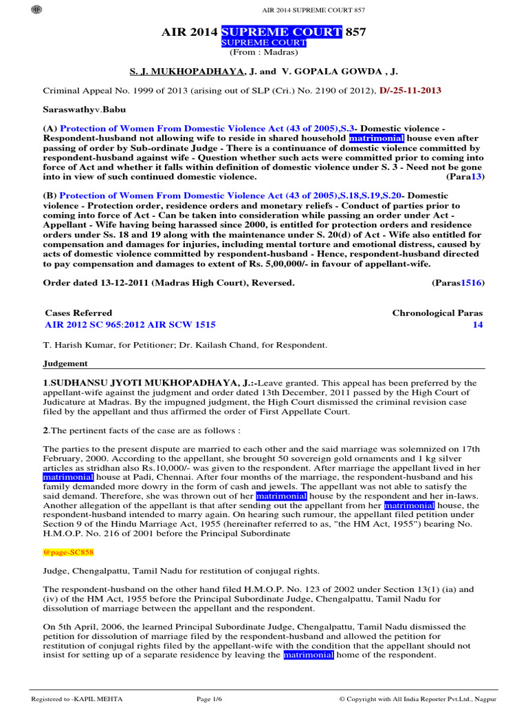 Saraswathy V.babu AIR 2014 SC 857 | PDF | Magistrate | Restraining Order