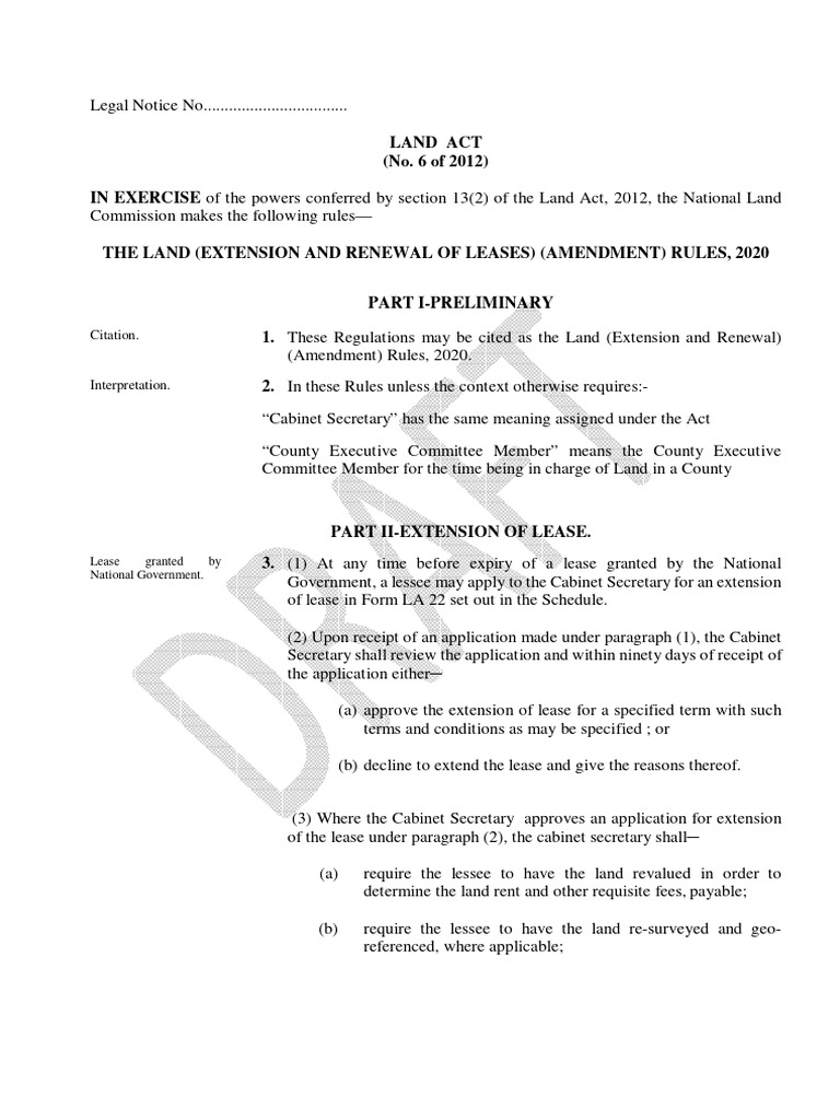Draft Land Extension and Renewal of Leases Amendment Rules 2020 | PDF ...