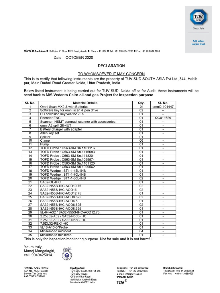Declaration for Instrument Omni Scan Mx 2 | PDF | Equipment | Office ...