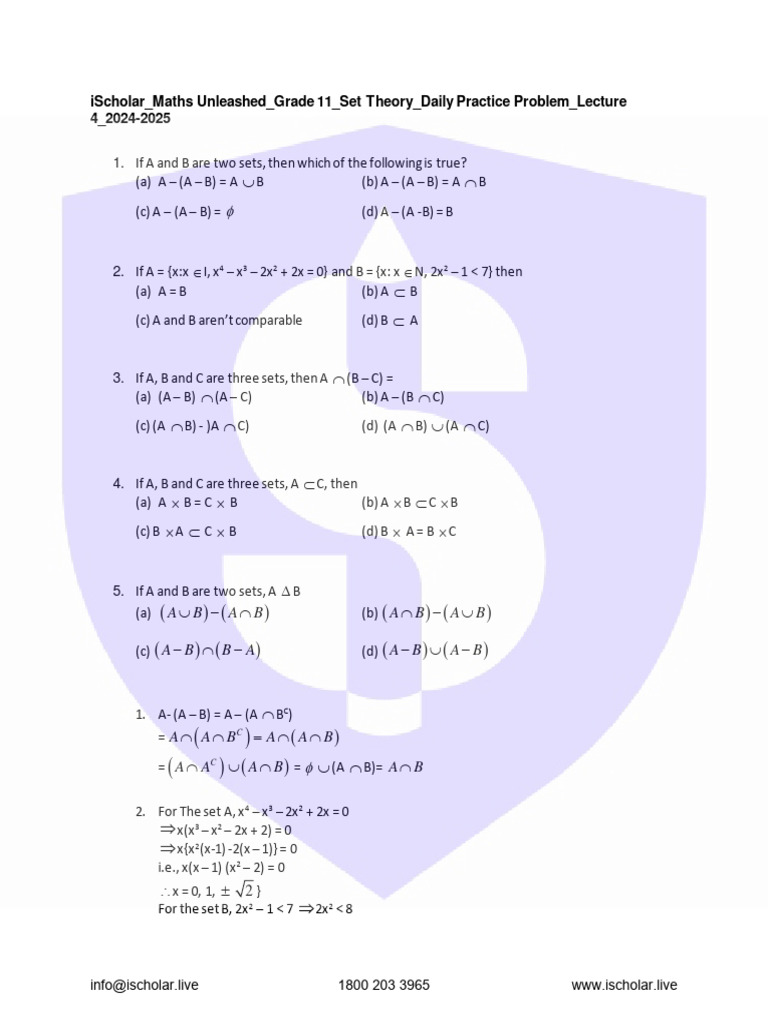 IKSPL XI MU Batch 1 Set Theory DPP - 4 | PDF IKSPL XI MU Batch 1 Set Theory DPP - 4 | PDF