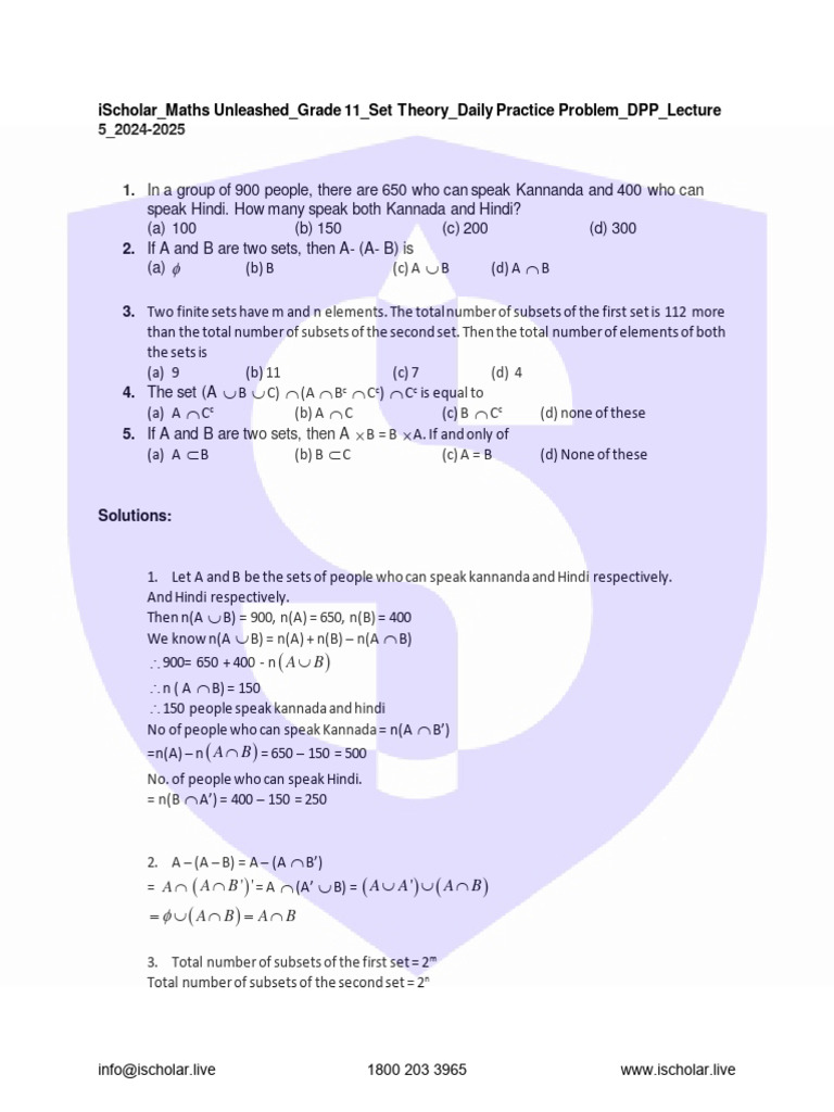 IKSPL XI MU Batch 1 Set Theory DPP - 5 | PDF | Mathematics | Mathematical Concepts