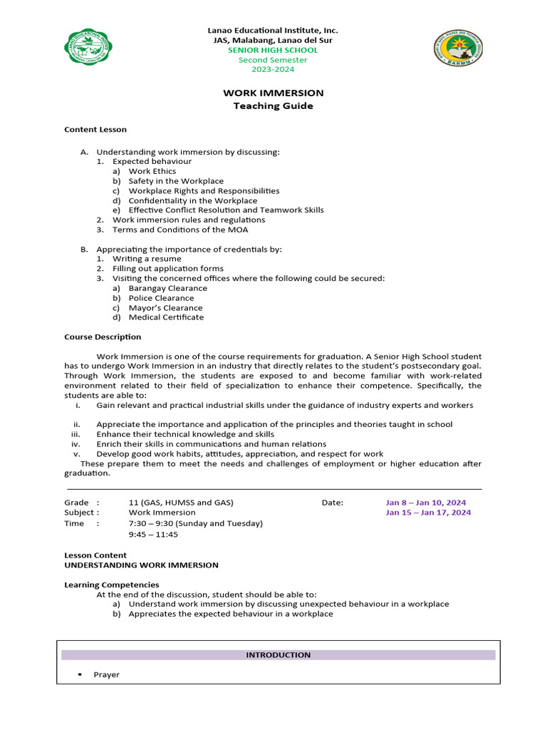 Work Immersion Teaching Guide 2023-2024 | PDF | Behavioural Sciences ...