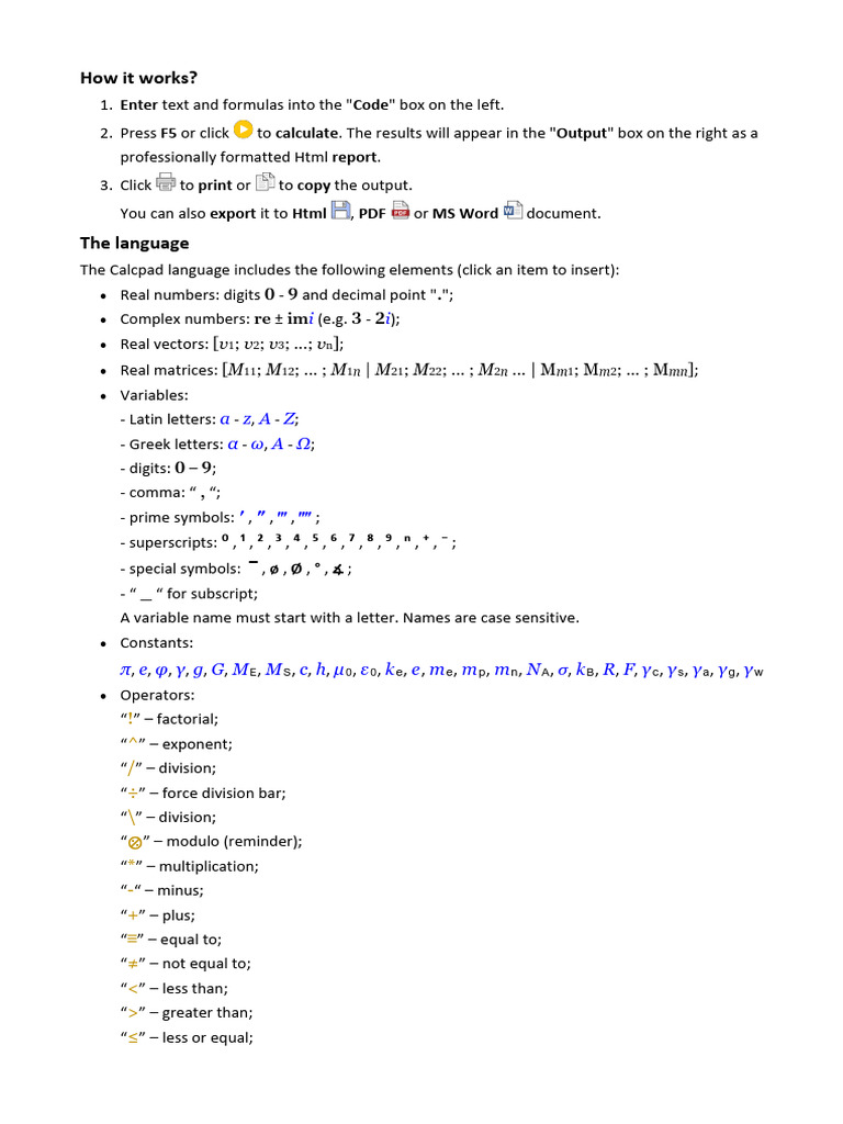 Calcpad Quick Reference Guide | PDF | Trigonometric Functions | Matrix (Mathematics)